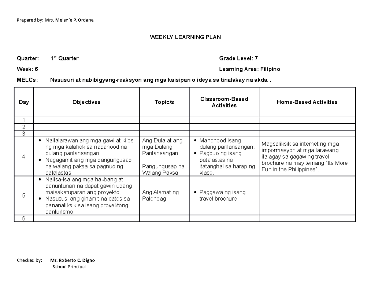 WEEK6 Learning PLAN MOP - WEEKLY LEARNING PLAN Quarter: 1 st Quarter ...