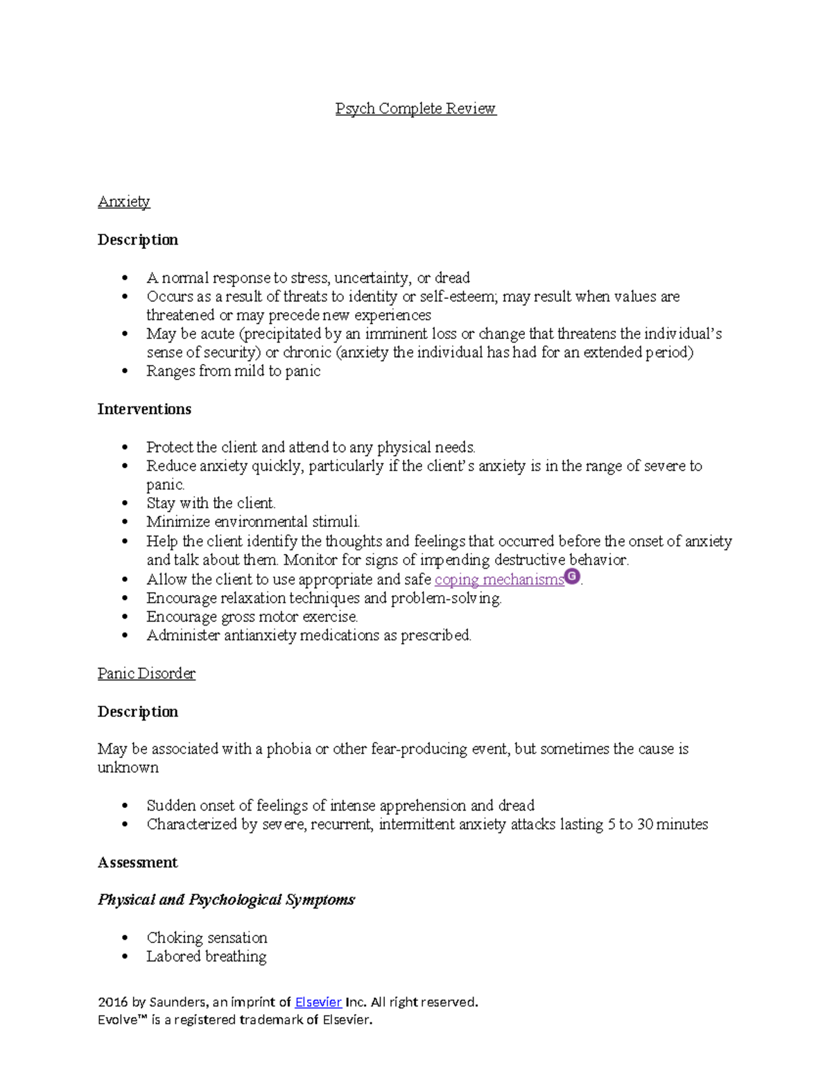 Psych complete review - Psych Complete Review Anxiety Description A ...