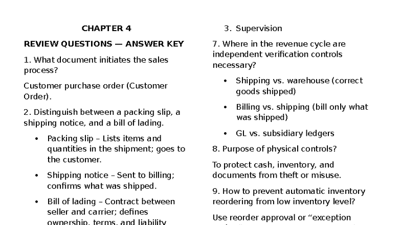 AIS CHAPTER 4 REVIEW QUESTIONS ANSWER KEY - Studocu