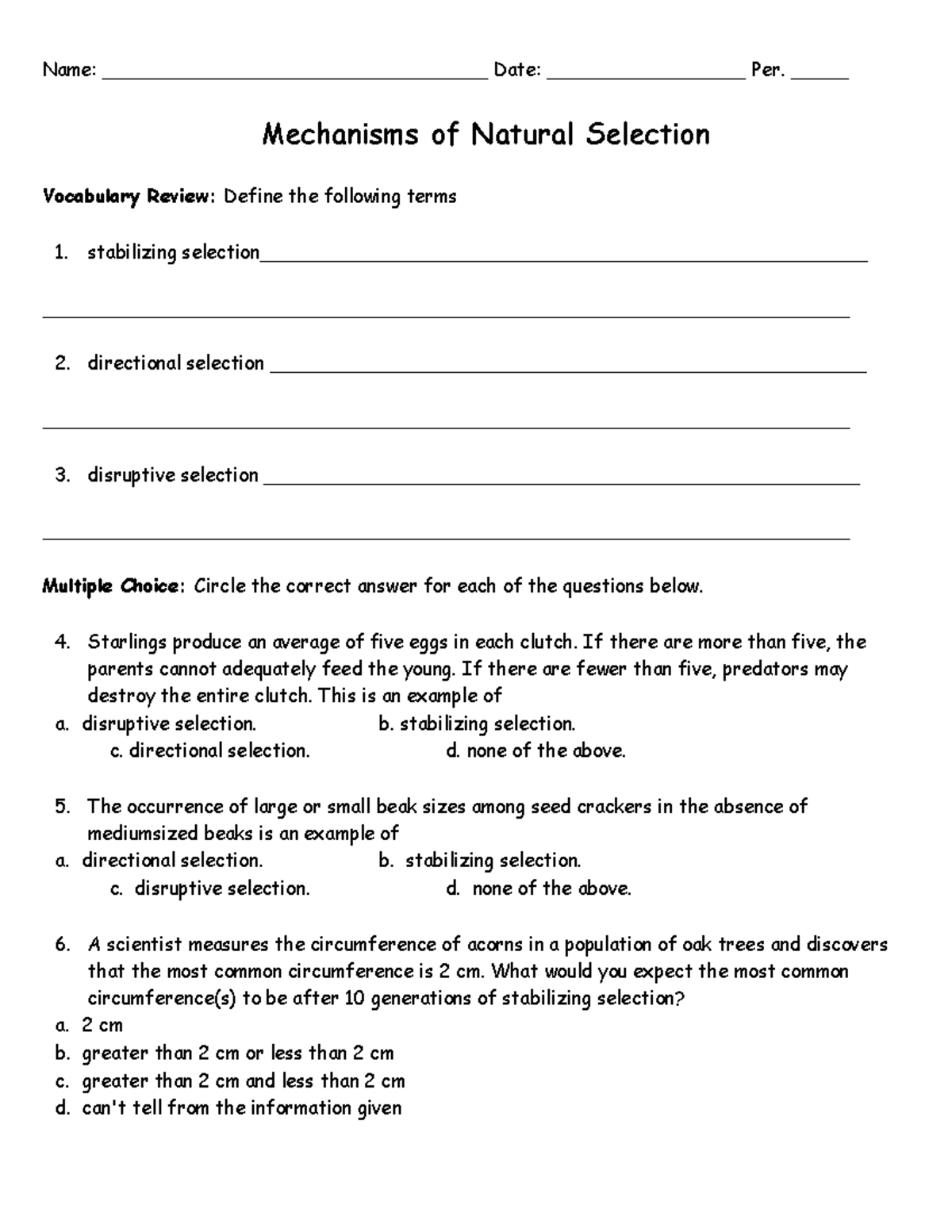 Natural Selection Mechanisms Worksheet (Biology 101) - Studocu