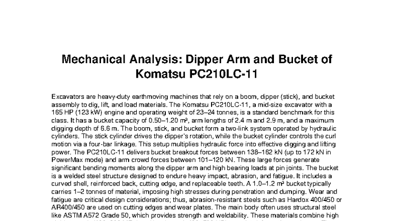 MECH 101: Excavator Dipper Arm & Bucket Analysis Report - Studocu
