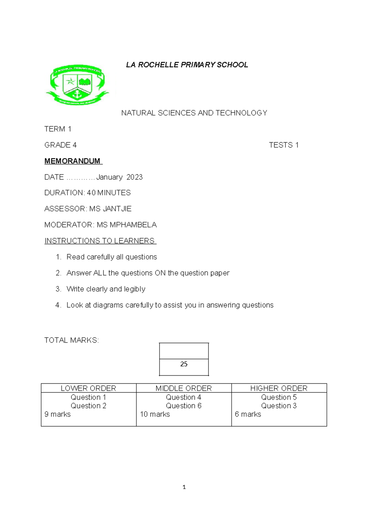 LA ROCHELLE PRIMARY SCHOOL GRADE 4 NATURAL SCIENCES TERM 1 TEST MEMO ...
