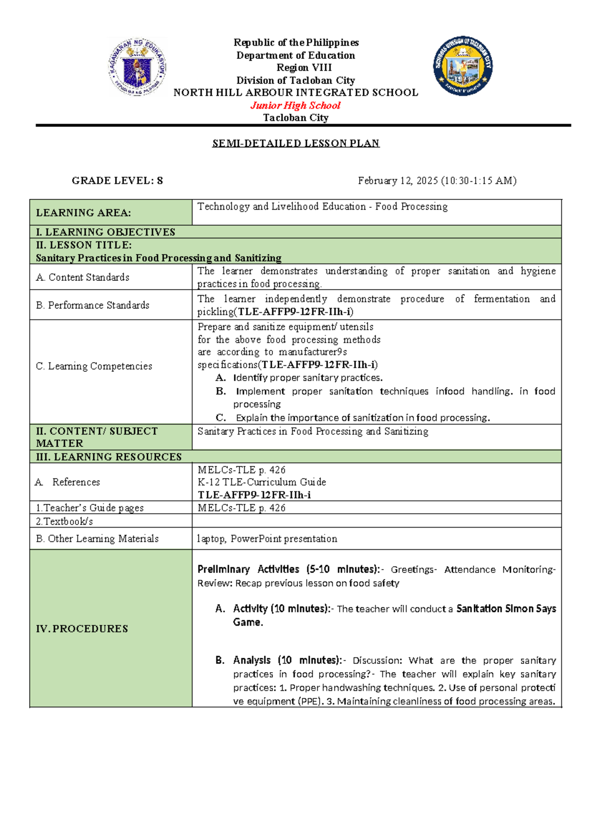 TLE 8 Semi-Detailed Lesson Plan on Sanitary Practices in Food ...