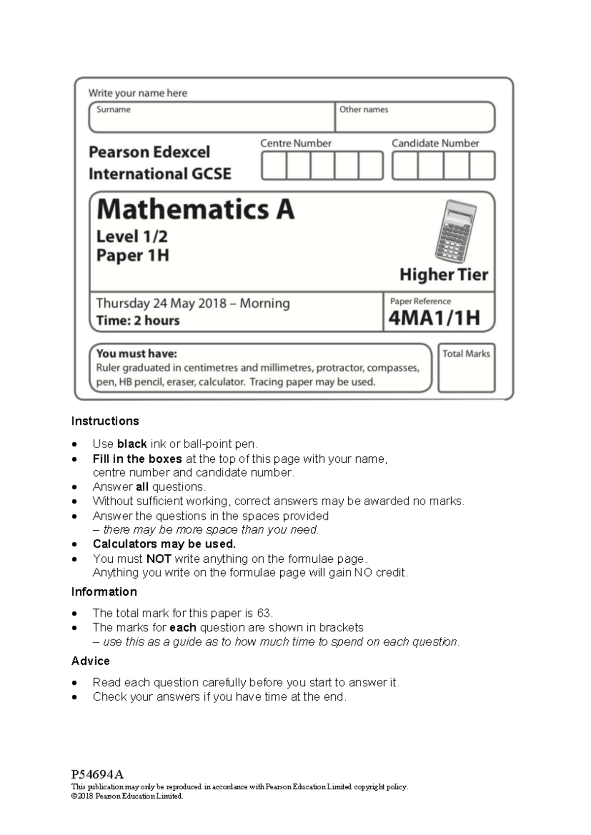 International GCSE Mathematics Paper 7 Instructions and Guidelines ...