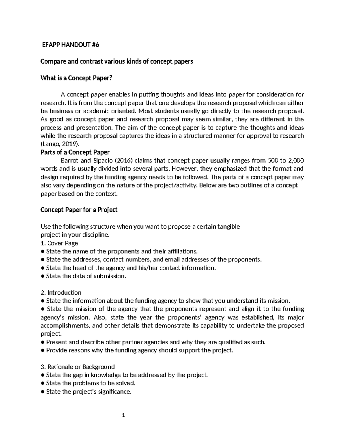 EFAPP HANDOUT: Understanding and Structuring Concept Papers - Studocu