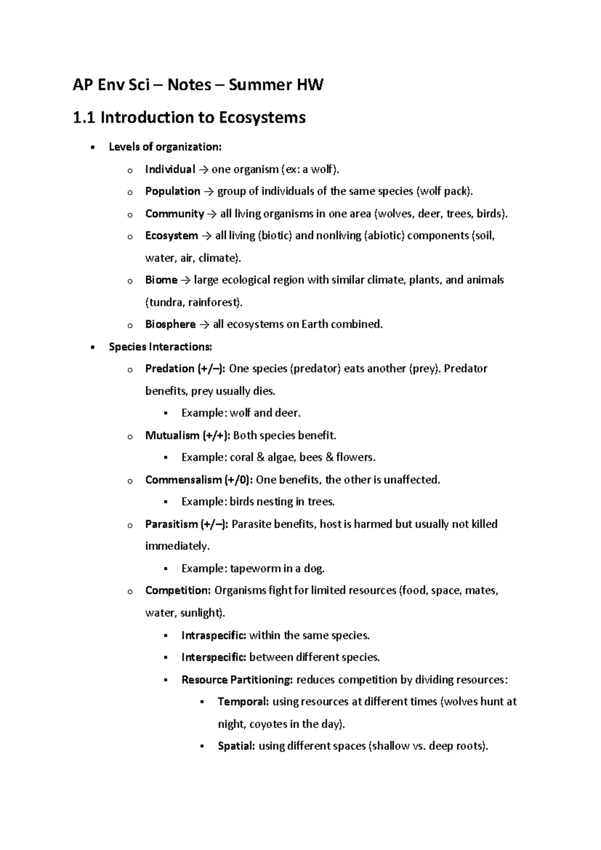 AP Env Sci - Summer Homework Notes on Ecosystems and Cycles - Studocu