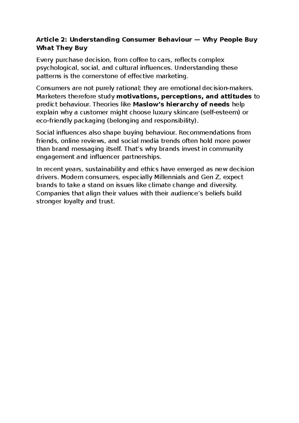 Article 2: Consumer Behavior Insights in Marketing Strategies - Studocu