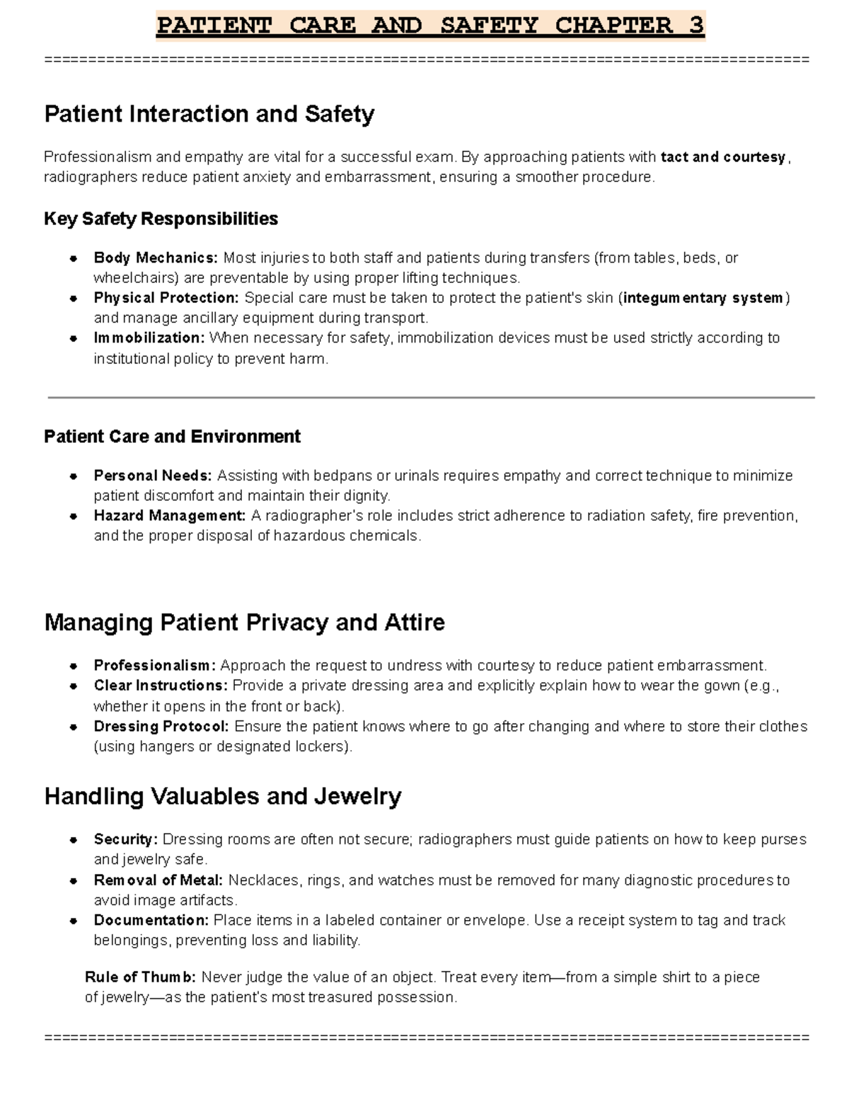 PATIENT CARE AND SAFETY CHAPTER 3: Key Principles for Effective Patient ...