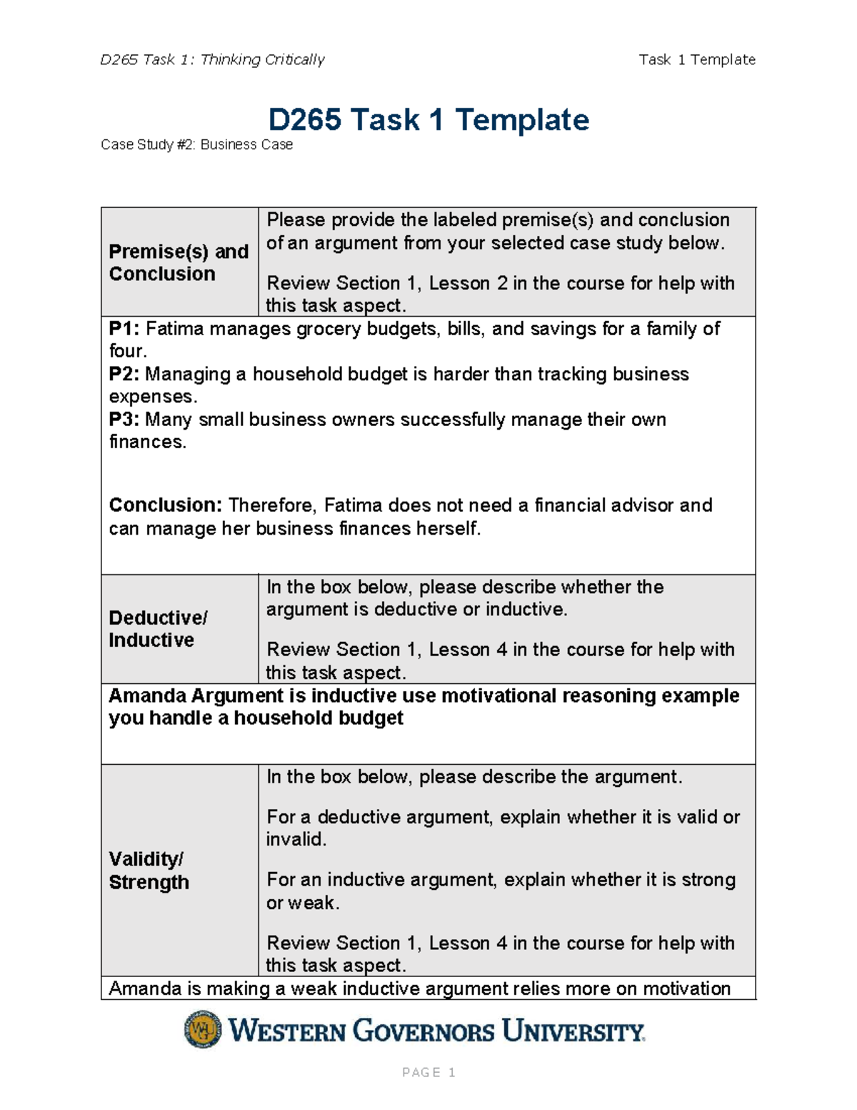 D265 Task 1: Critical Thinking Case Study Analysis Template - Studocu