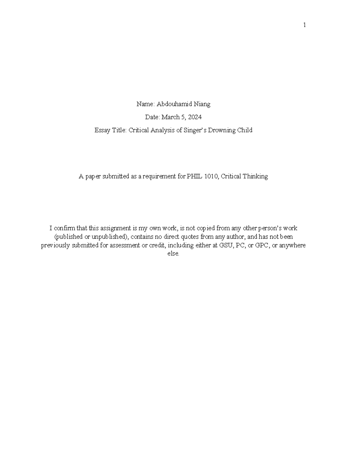 Critical Analysis of Drowning Child - PHIL 1010 Final Essay - Studocu