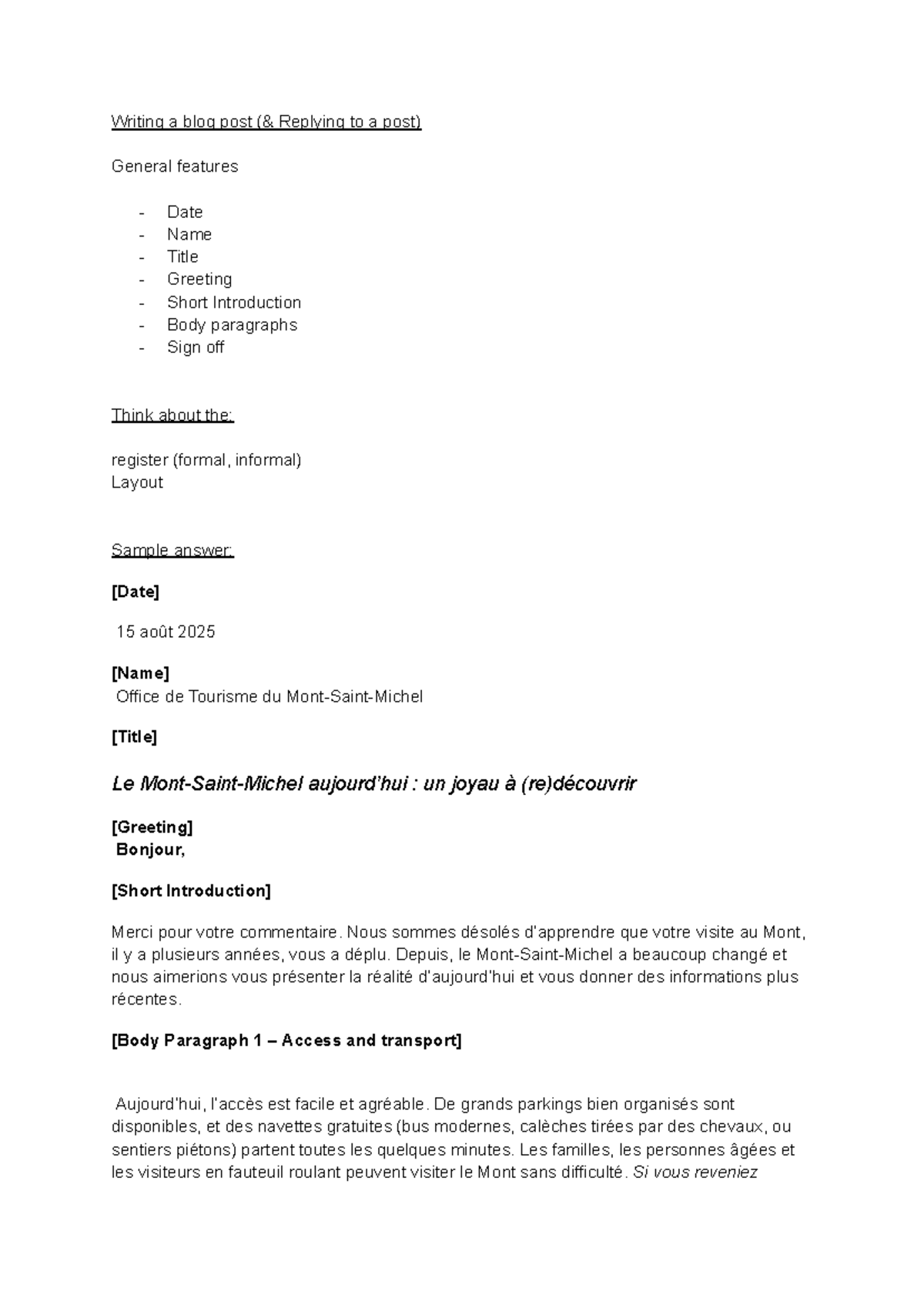 Writing a Blog Post: General Features and Sample Responses - Studocu
