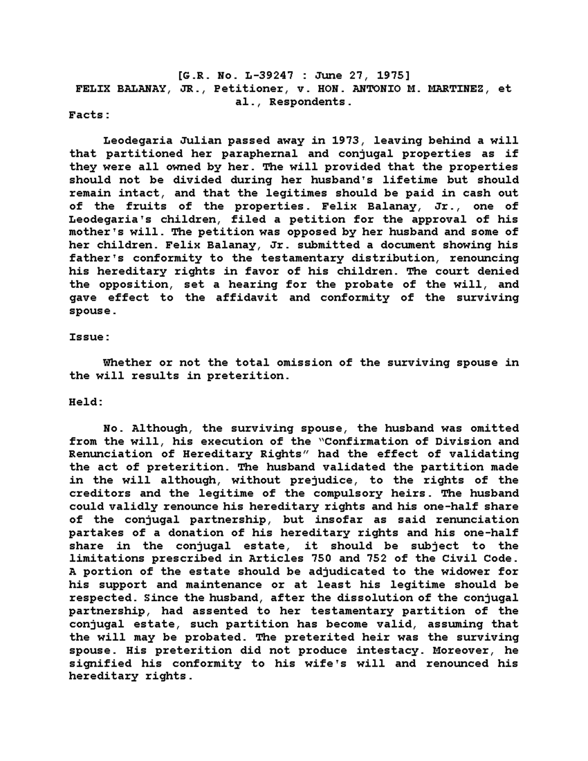 Balanay, Jr. v. Martinez et al. Case Digest: Will & Preterition ...