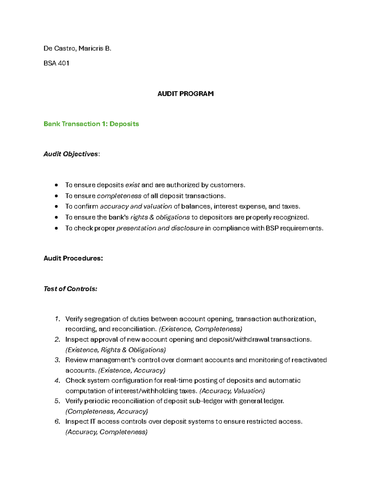 BSA 401 Final Exam Audit Program: Bank Transactions Analysis - Studocu