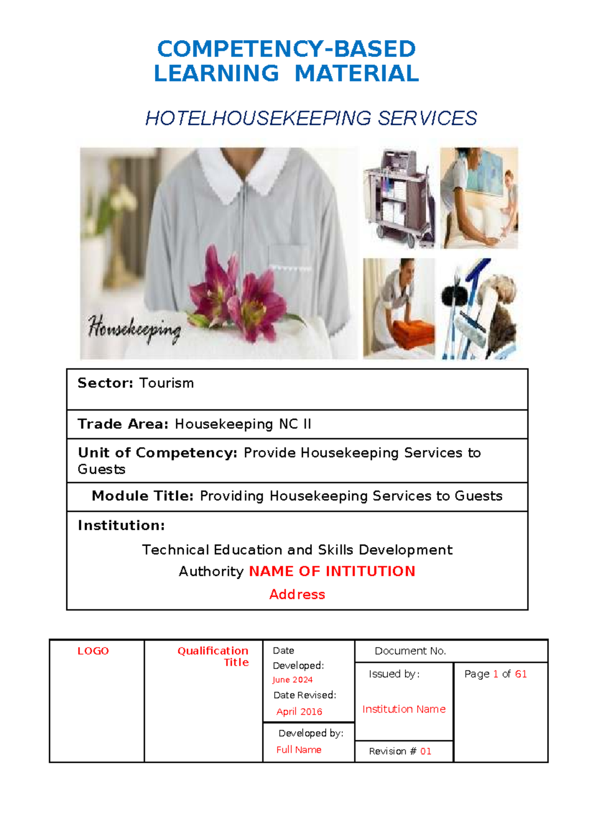 Competency-Based Learning Material: Housekeeping NC II (Sample) - Studocu