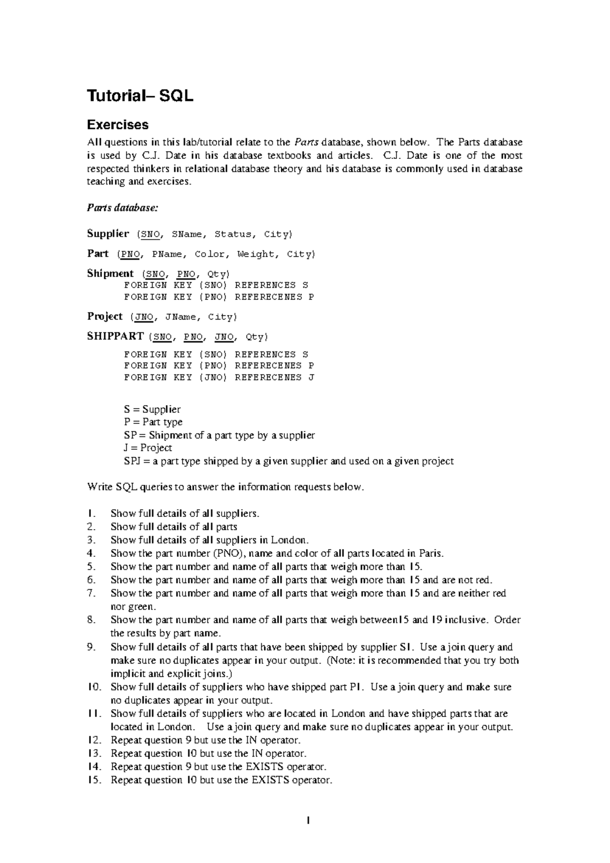 SQL Exercises on Parts Database (Part Database Questions) - Studocu