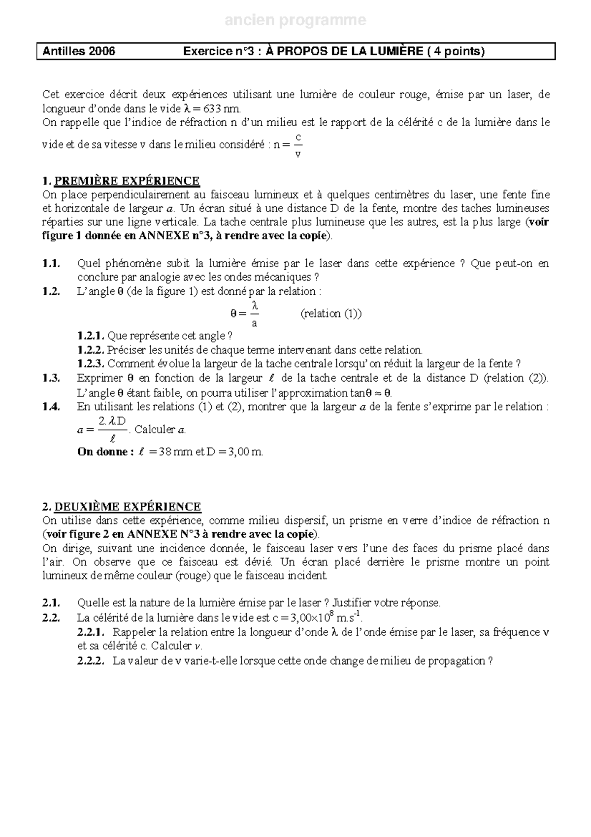 2006 Antilles Exo3 : Expériences sur la Lumière et ses Propriétés - Studocu