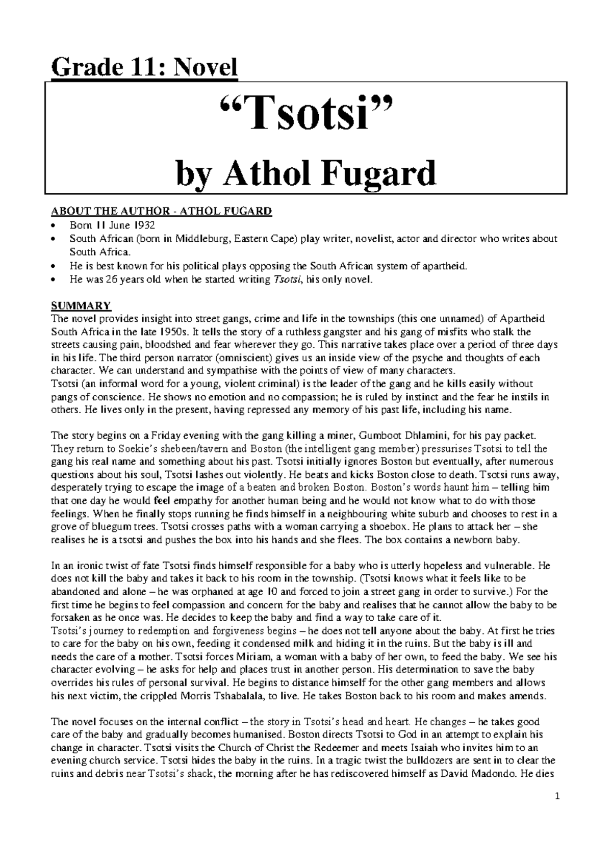 Grade 11: Summary of Athol Fugard's Novel "Tsotsi" and Character Analysis - Studocu