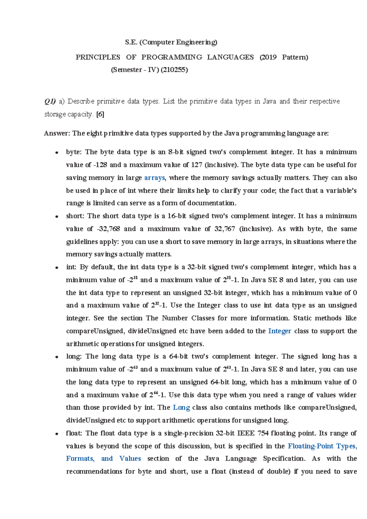 Principles of Programming Languages (COMP-PPL) End Semester Solutions - Studocu