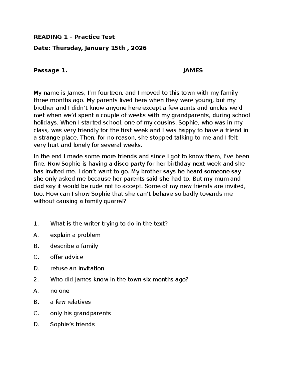 Reading 1 - Practice Test Questions and Answers - Studocu