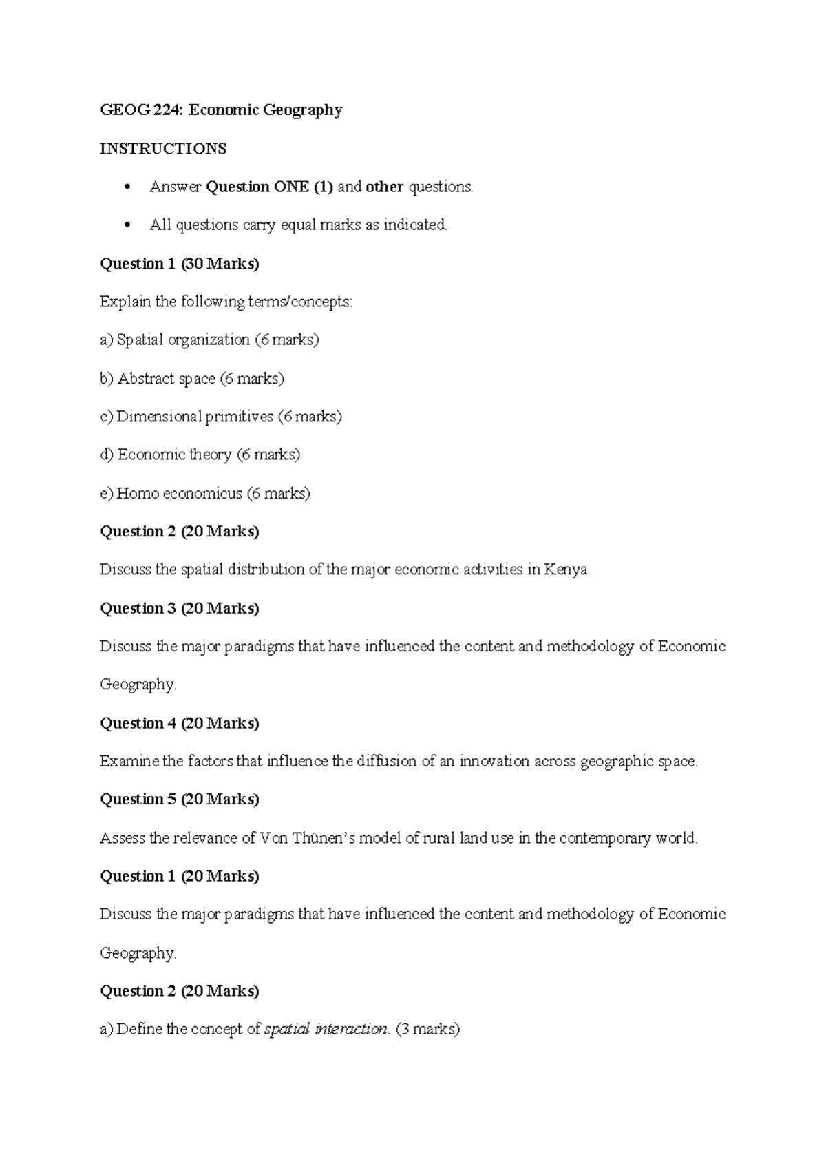GEOG 224: Economic Geography Exam Questions and Key Concepts - Studocu