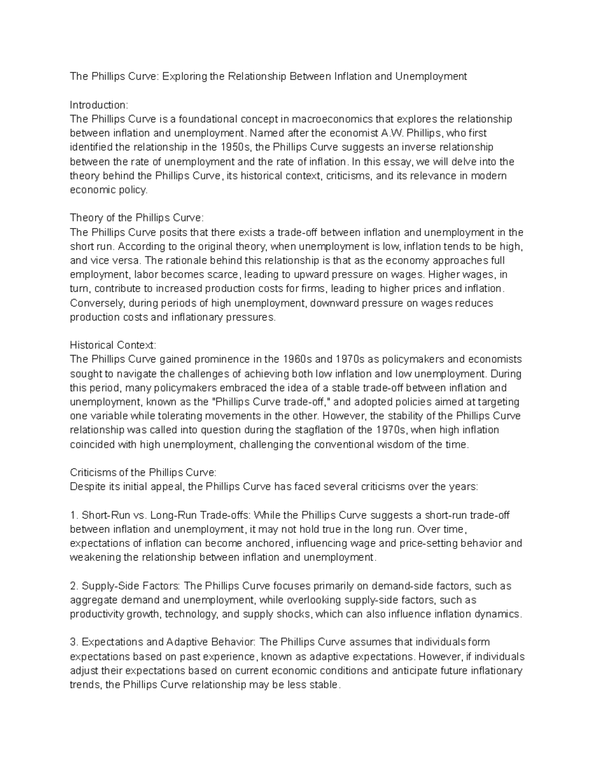 Philips Curve - dfrgtn - The Phillips Curve: Exploring the Relationship ...