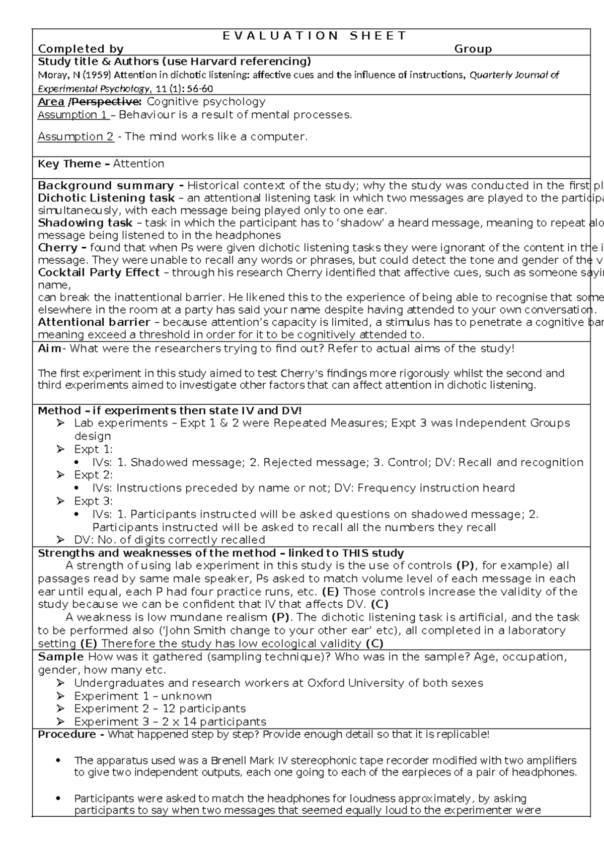 Moray N (1959) Study Summary - Dichotic Listening & Attention Insights ...