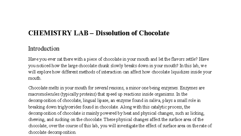 CHEM 101 Lab: Chocolate Dissolution and Surface Area Effects - Studocu