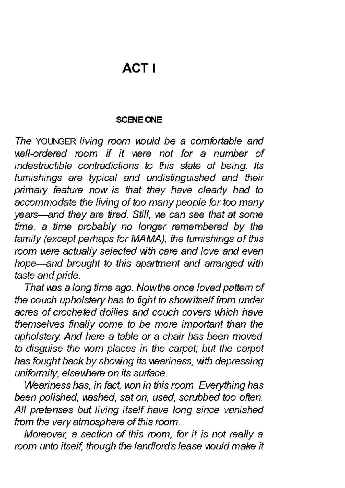 A Raisin in the Sun (ACT I) - Scene One Analysis and Summary - Studocu