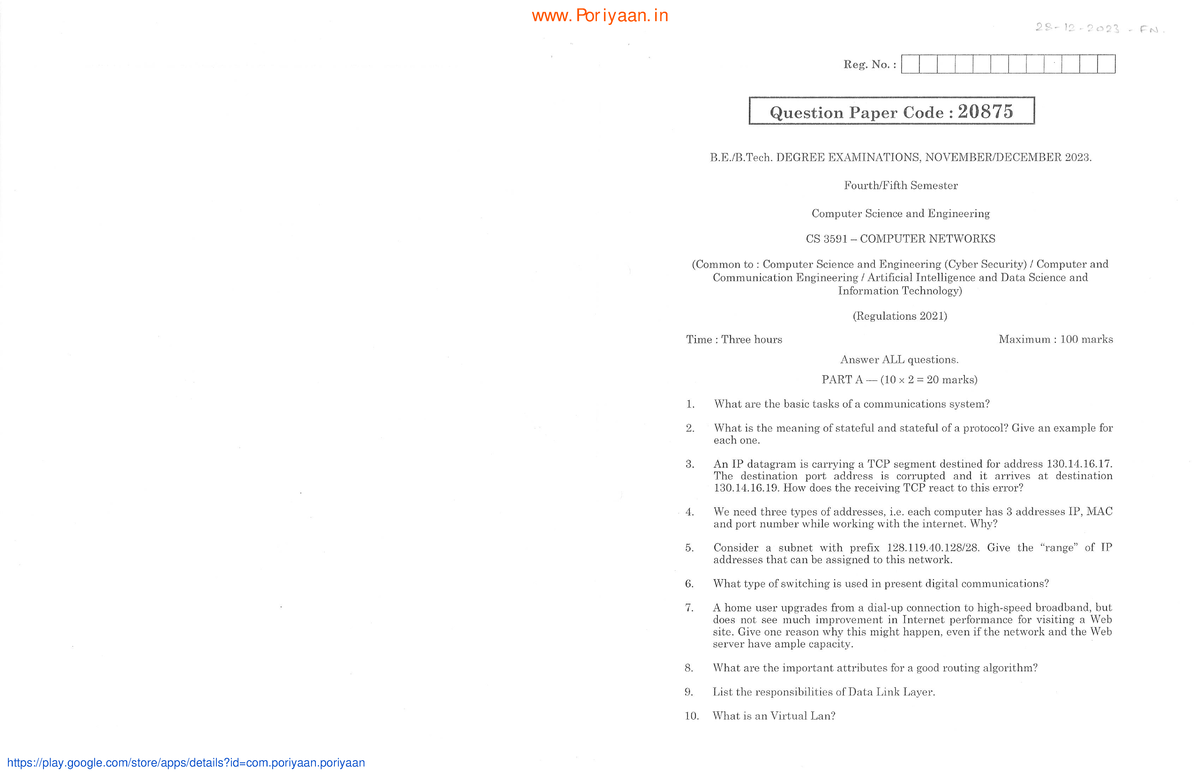 Computer Networks - CS3591 Sem Question Paper Nov-Dec 2023 - Studocu