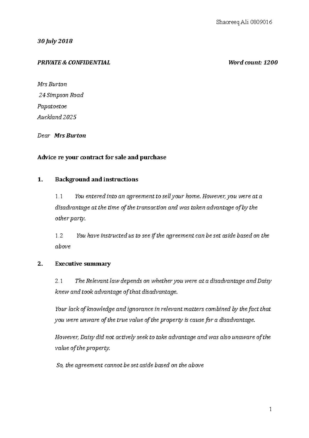 2018 Opinion Letter on Unconscionable Bargain - Template for Legal ...