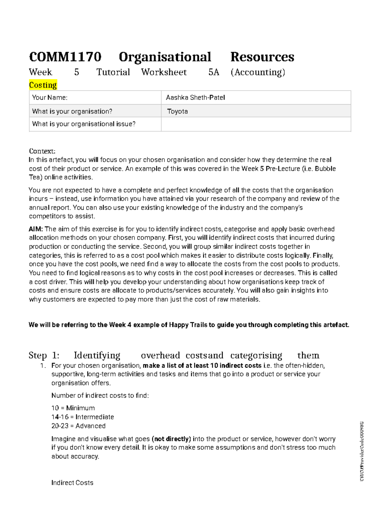 COMM1170 Week 5A Organisational Costing Tutorial Worksheet - Studocu