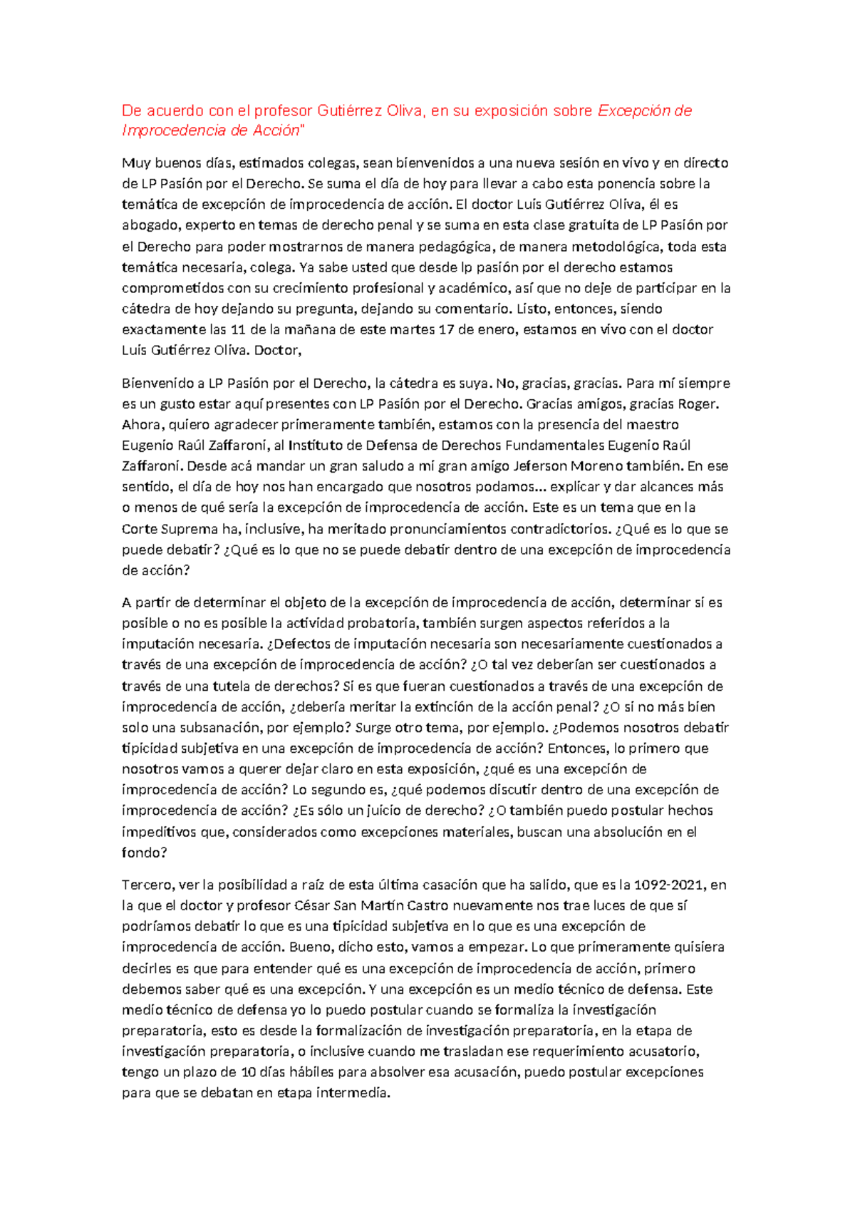 Exposición sobre la Excepción de Improcedencia de Acción - LP Derecho ...