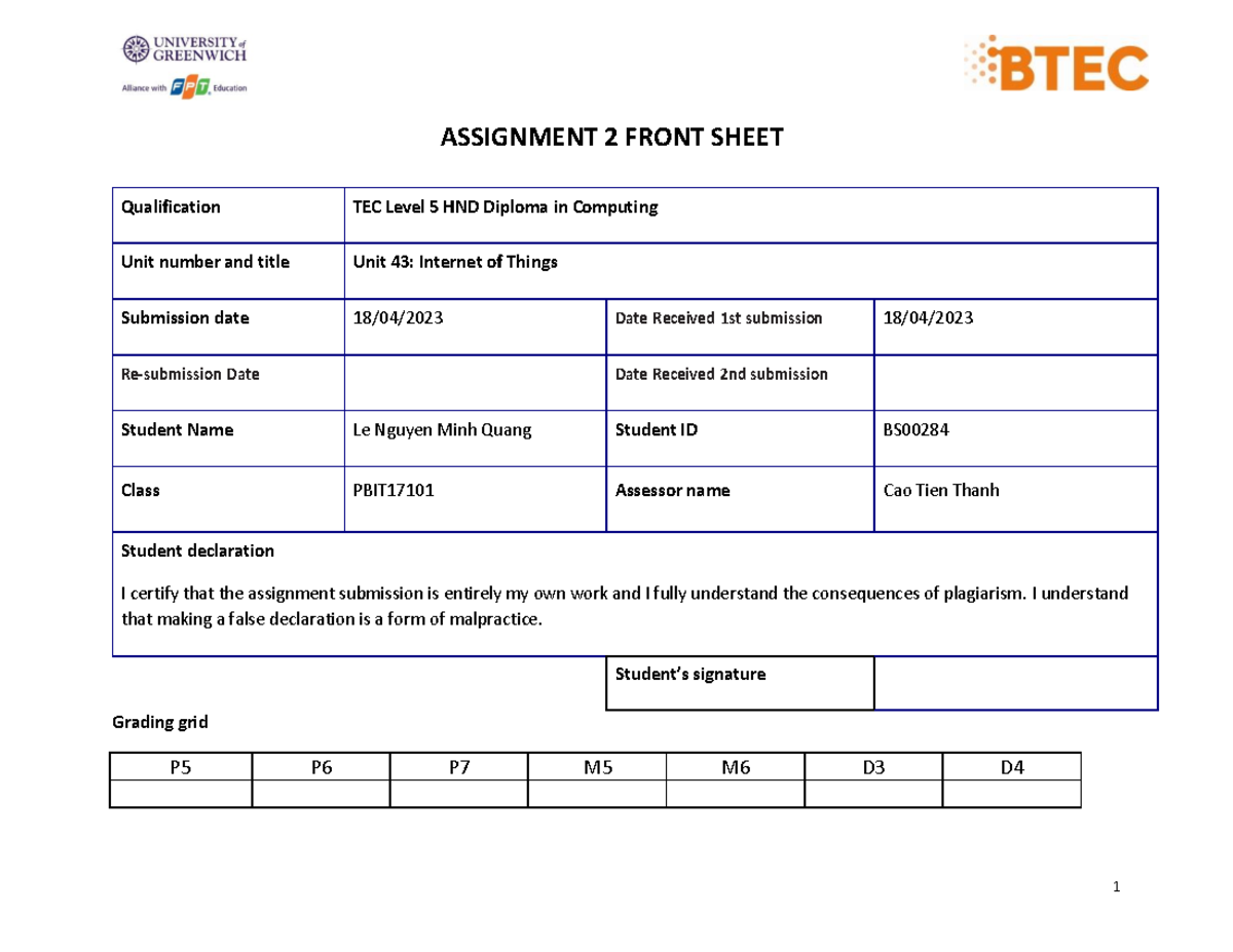 ASM2 - Io T - Le Nguyen Minh Quang - ASSIGNMENT 2 FRONT SHEET Qualification TEC Level 5 HND ...