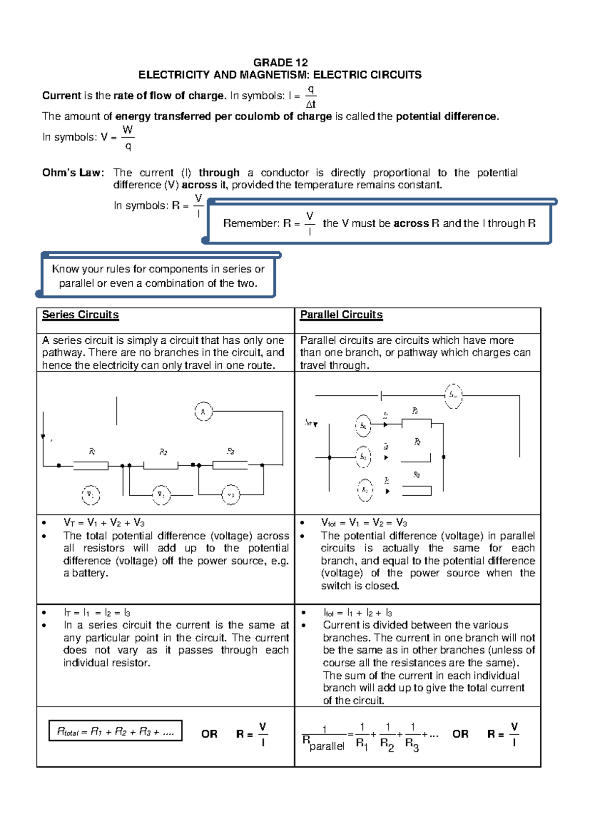 Grade 12 Physical Science: Final Exam Notes on Electricity & Circuits ...