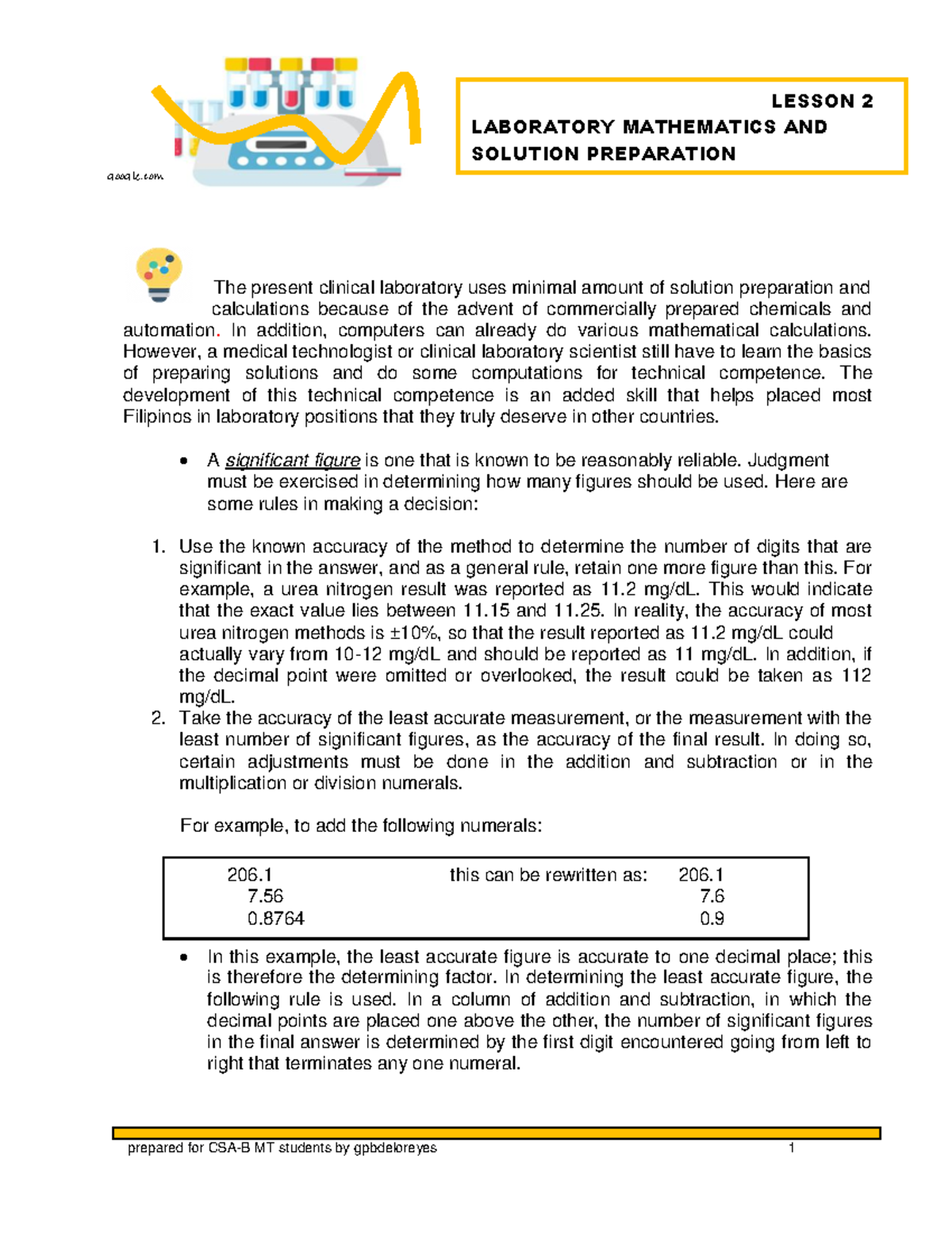 MLS 4 Lesson 2: Laboratory Mathematics & Solution Preparation - Studocu