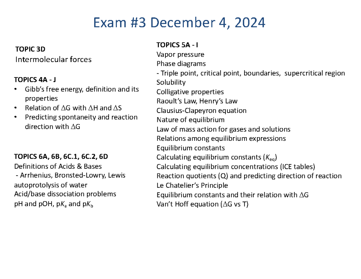 Chemistry Exam #3 Review Topics: Gibbs Free Energy to Acid-Base ...