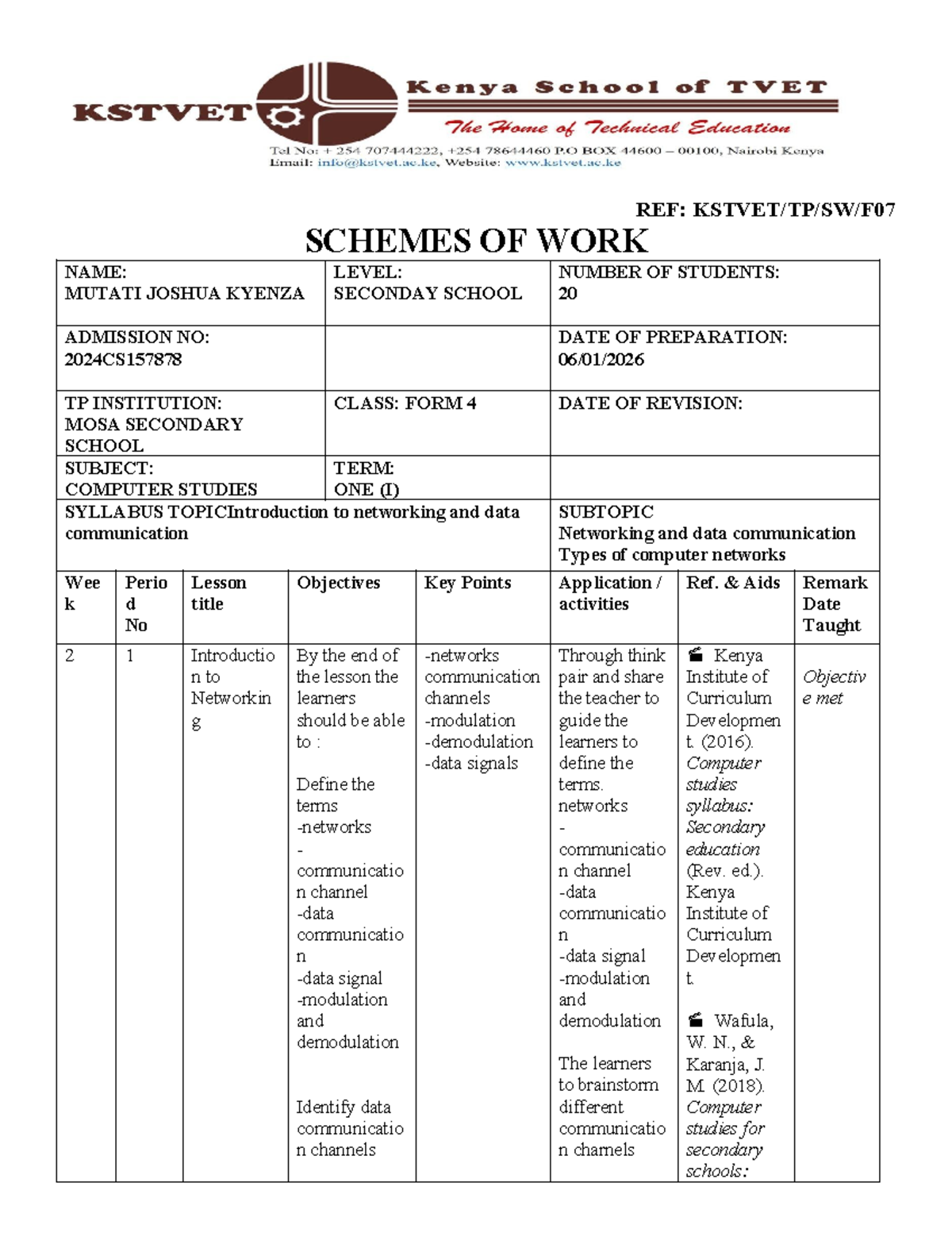 Schemes of Work: Computer Studies Form 4 - Week 2 - Studocu