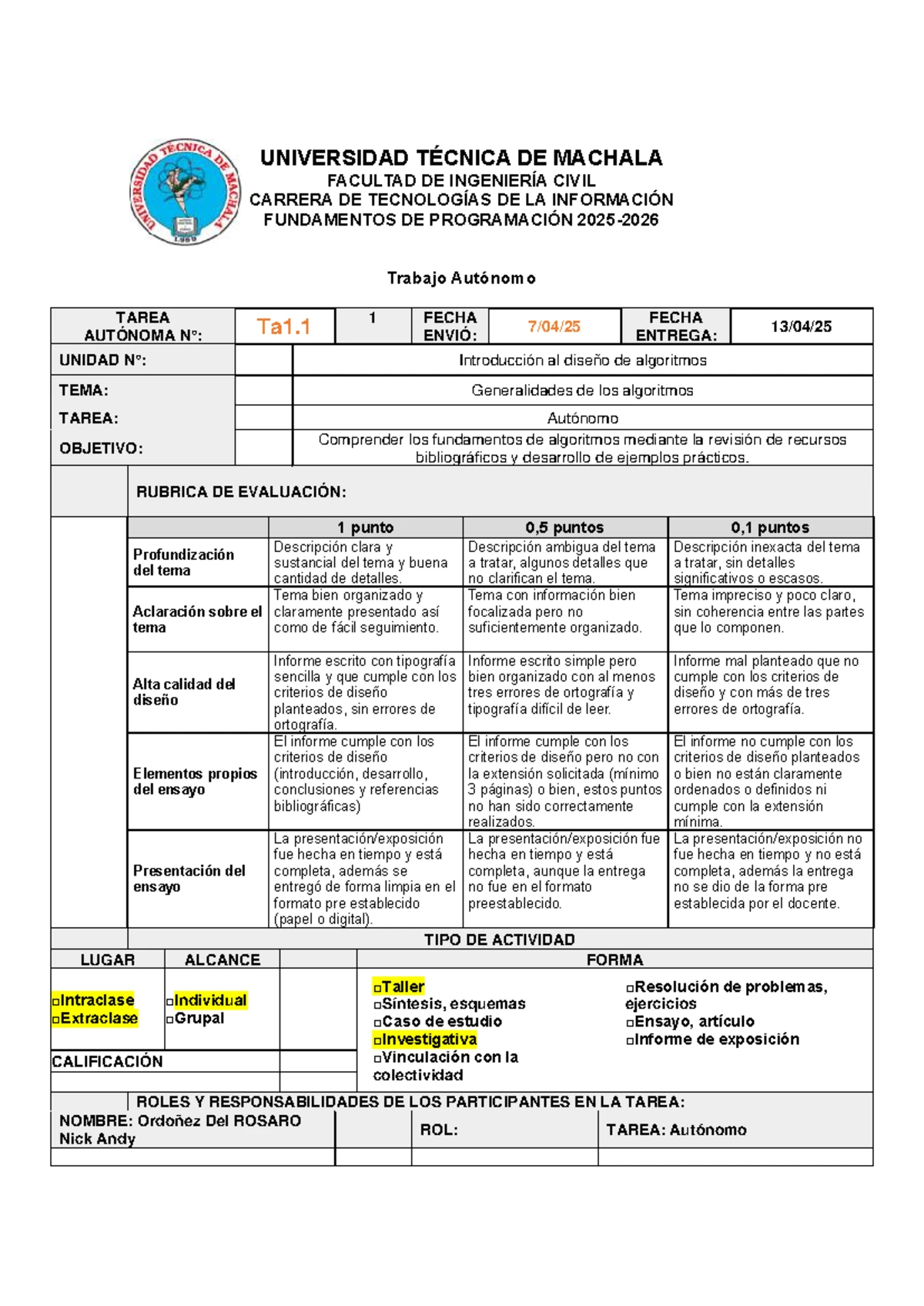Fundamentos de Programación: Tarea Autónoma 1 - Conceptos de ...