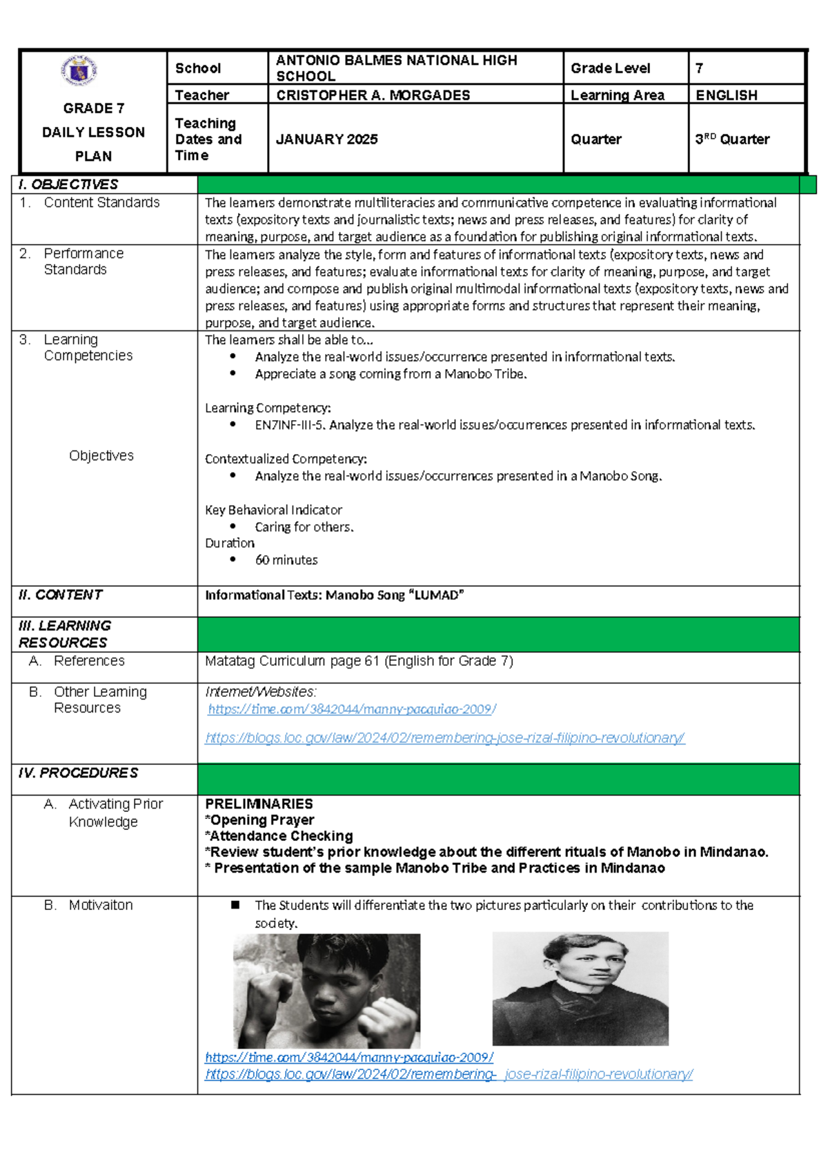 Grade 7 English Daily Lesson Plan: Analyzing "Lumad" Song - Studocu