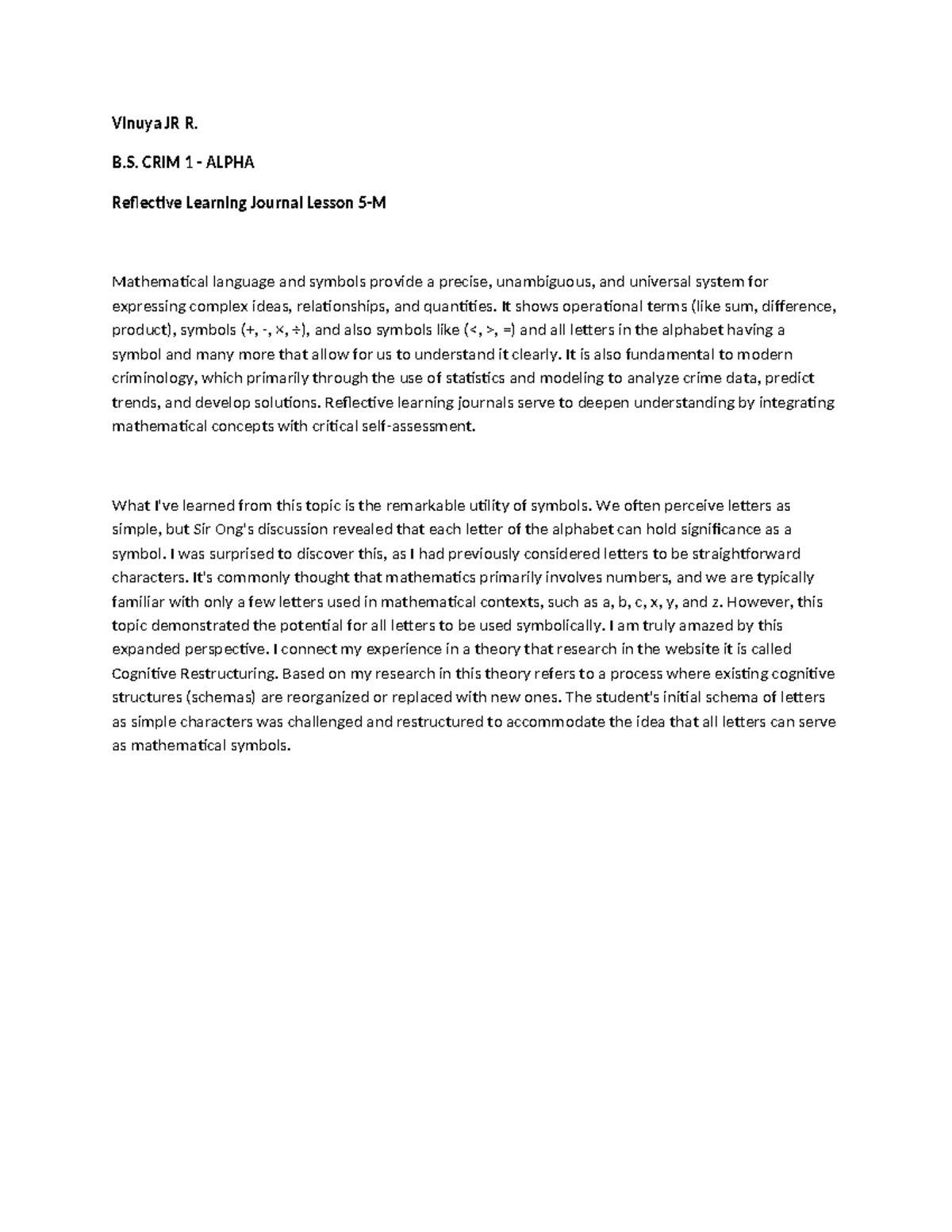 Vinuya JR R. B.S. CRIM 1 ALPHA Reflective Learning Journal on Math ...