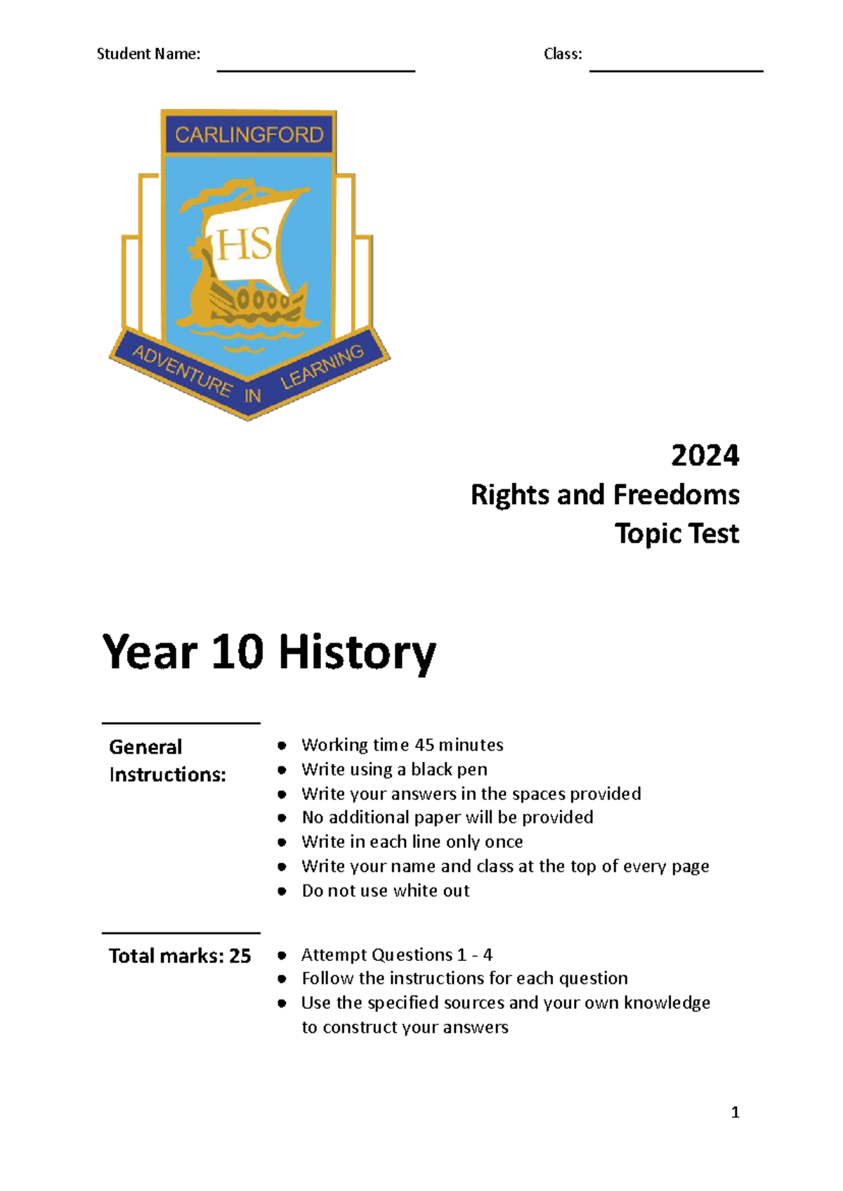 Year 10 History Task 1 2024 - Rights and Freedoms Practice Exam - Studocu