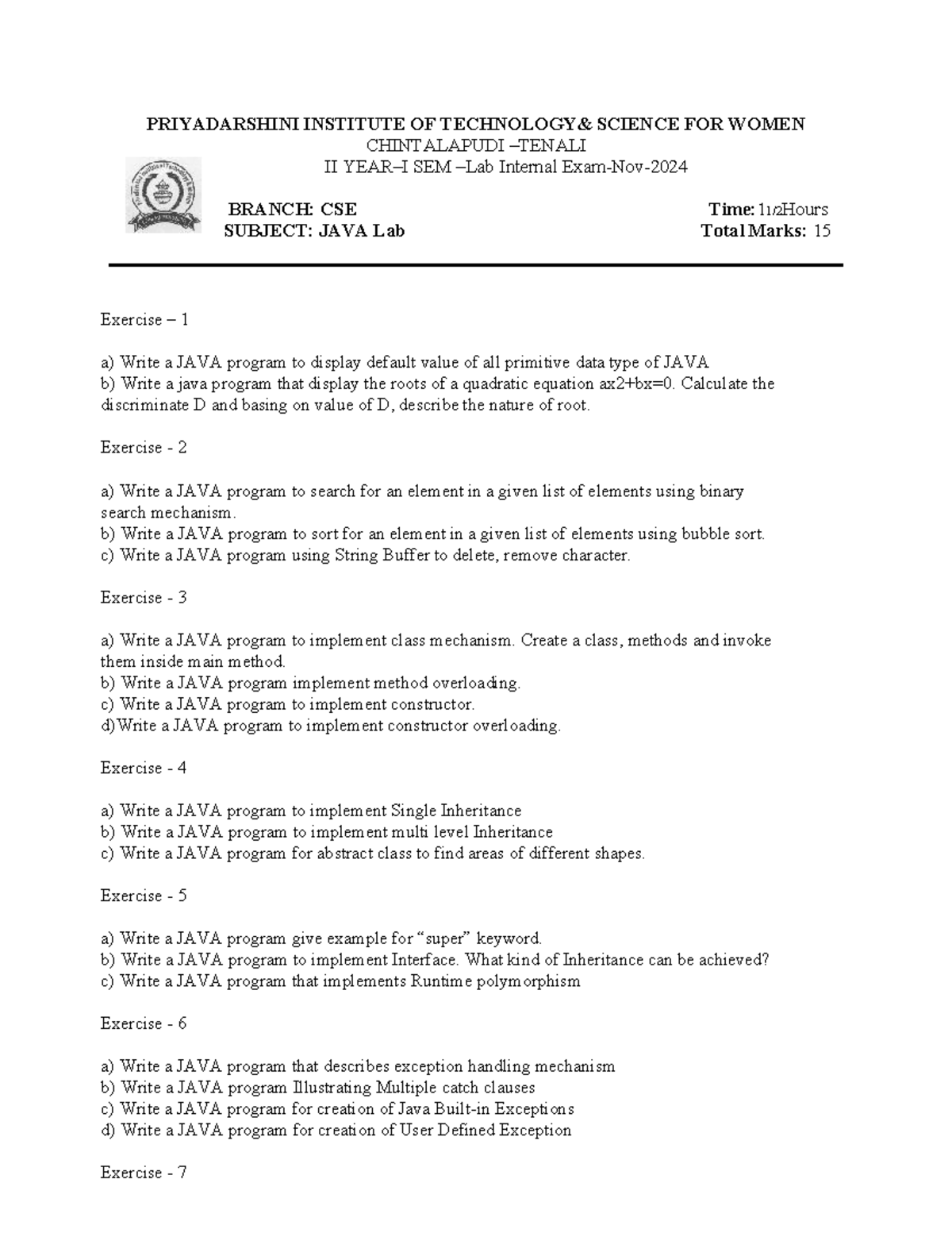 Java lab internal question paper - PRIYADARSHINI INSTITUTE OF ...