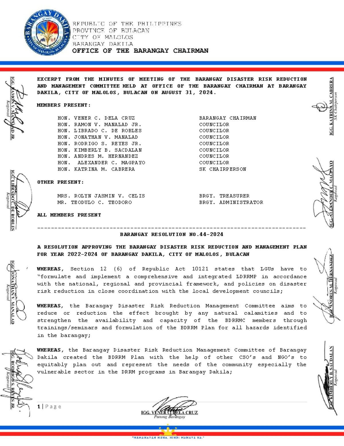 Bdrrm Plan Resolution for Barangay Dakila (2024) - Studocu