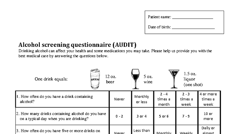 AUDIT Alcohol Screening Questionnaire - Patient Assessment - Studocu