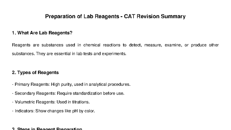 Preparation of Lab Reagents: CAT Revision Summary Guide - Studocu