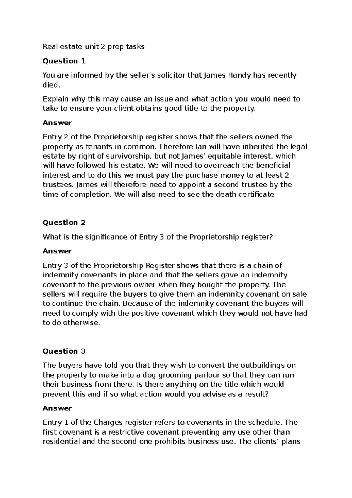 Real Estate Unit 2 Prep Tasks: Title Issues & Indemnity Covenants - Studocu