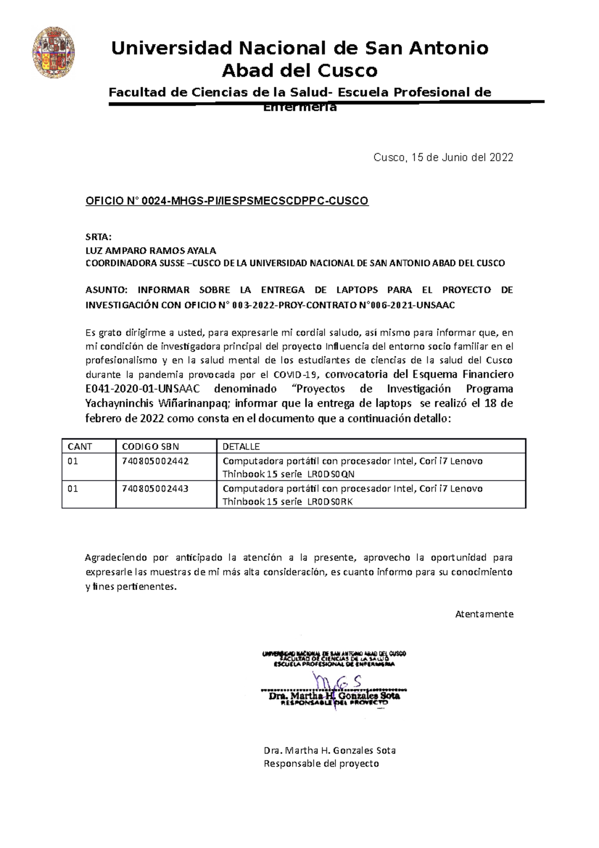 Informe de Entrega de Laptops - Oficio N°0024 - UNSAAC - Studocu