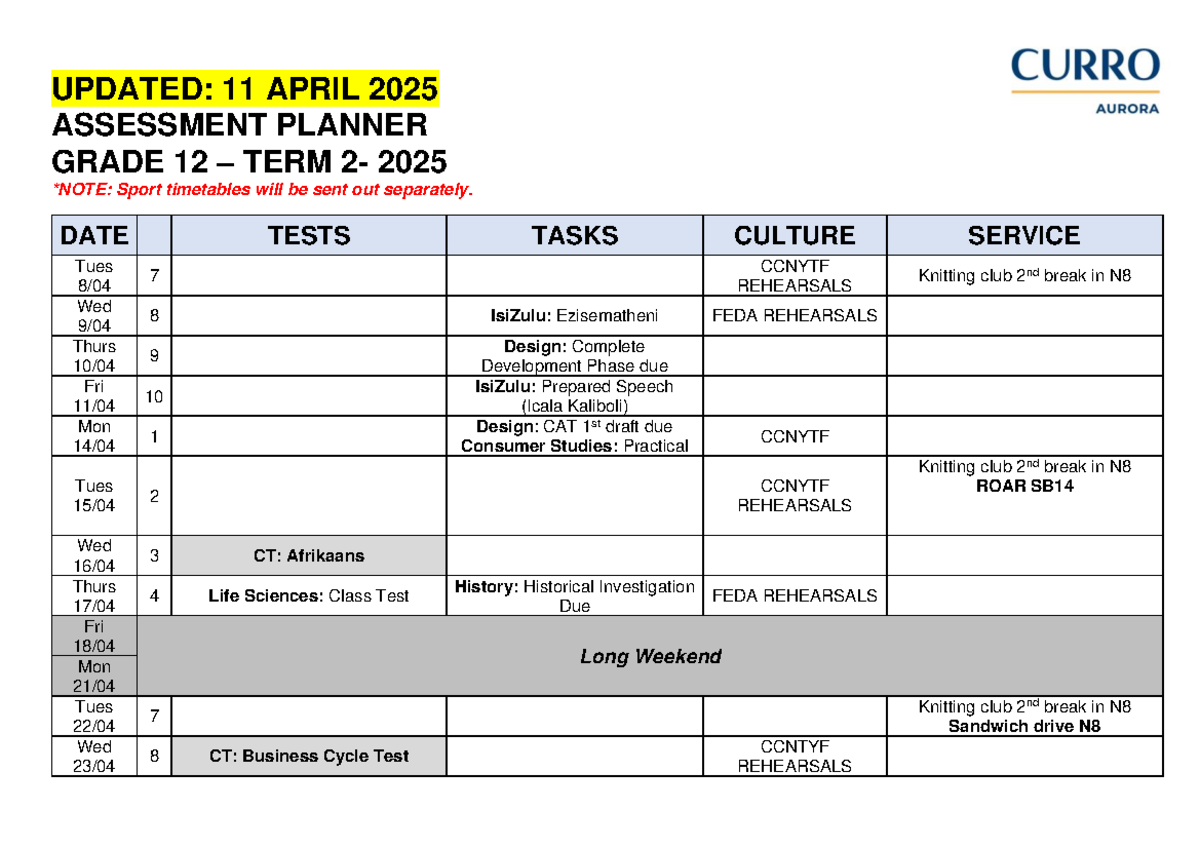 Grade 12 Term 2 2025 Assessment Planner: Tests & Tasks Schedule - Studocu