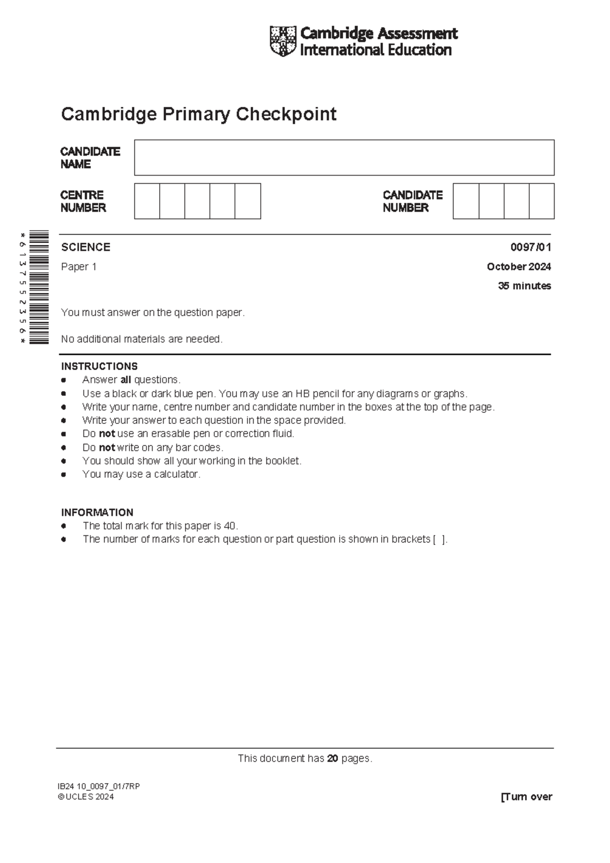 Oct 2024 P1 - Cambridge Primary Science Checkpoint Practice - Studocu