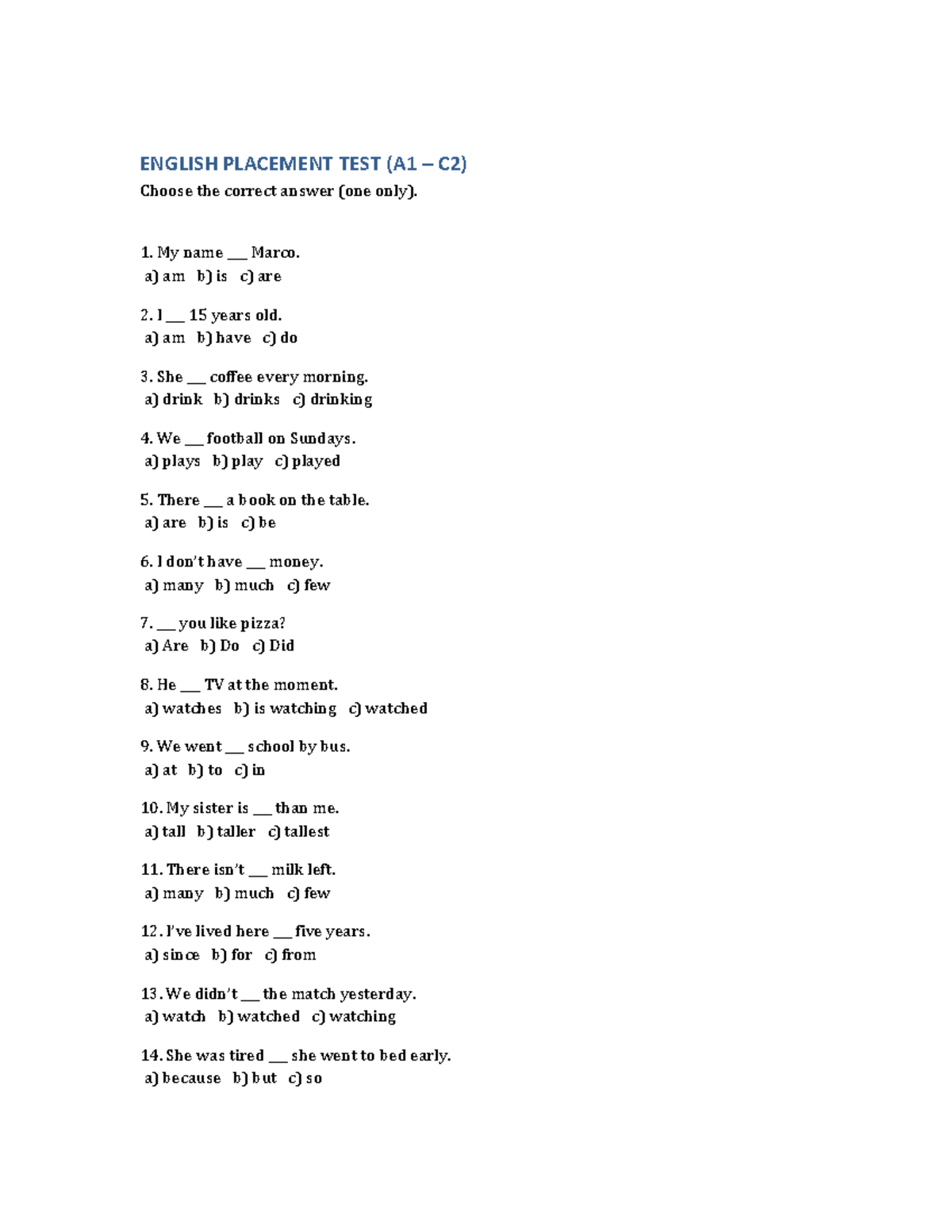 English Placement Test (A1-C2) - 60 Questions with Answers - Studocu